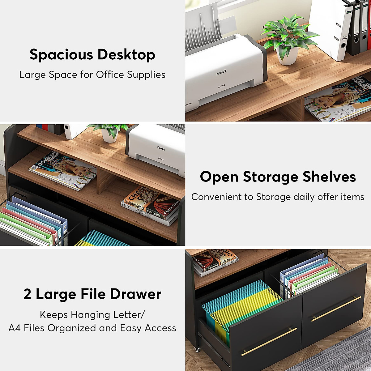 Tribesigns 2 Drawer File Cabinet Rolling Filing Cabinets for Home Office Black lateral File Cabinet Wood File Cabinet for Letter Size, Printer Stand with Rolling Wheel and Open Storage Shelves