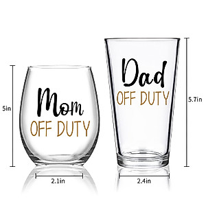 Futtumy Dad and Mom Gift Set, Dad & Mom off Duty Beer Glass and Stemless Wine Glass Combo for Dad Mom New Parents, Funny Gift for Father’s Day Mother’s Day Christmas Birthday Daily Use Baby Shower