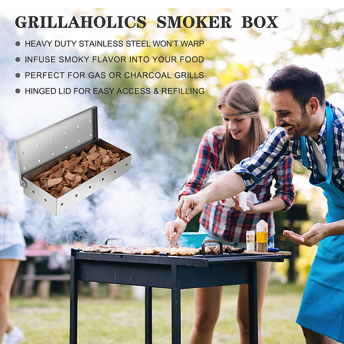 Rulunar Smoker Box for Gas Grilling Wood Chip Smoker Box Stainless Steel Meat Smoky Flavor Grill Smoker Box