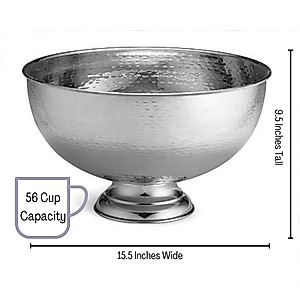 Tablecraft Hammered Pedestal Punch Bowl, Large Silver Stainless Steel, For Serving Hot and Chilled Cold Drink Beverages, Champagne, Alcohol Cocktails, Fruit Wine Sangria, Juice 54 Cup, 3.4 Gallon