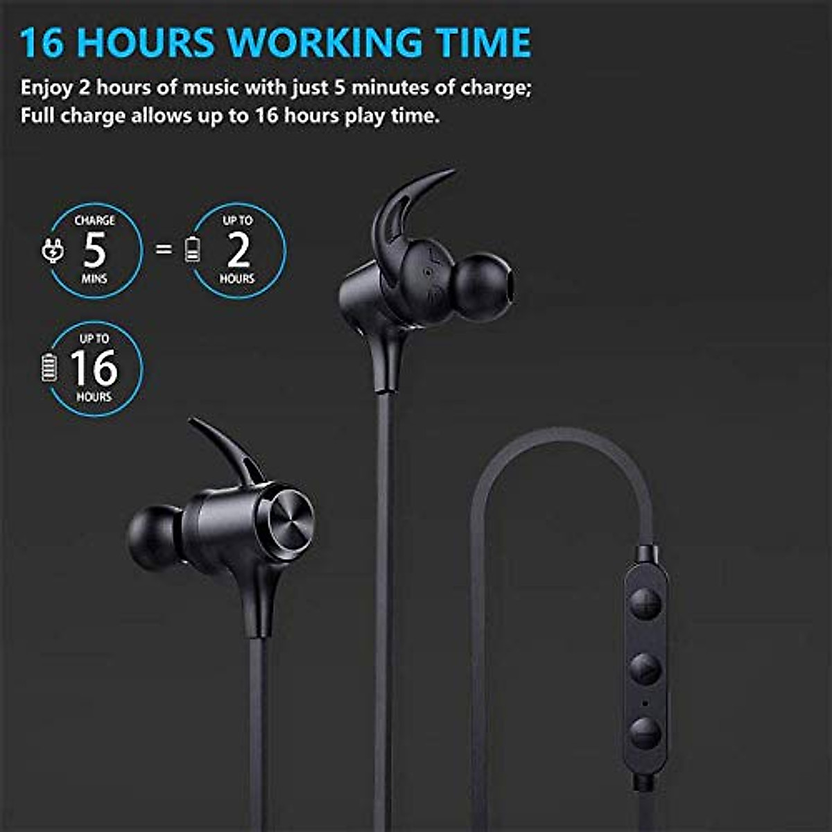 Wireless Headphones, Bluetooth Headphones IPX7 Waterproof 16 Hours Playtime Bluetooth V5.0, with Magnetic Connection, Sports Earbuds for Running Built-in Mic (Black)