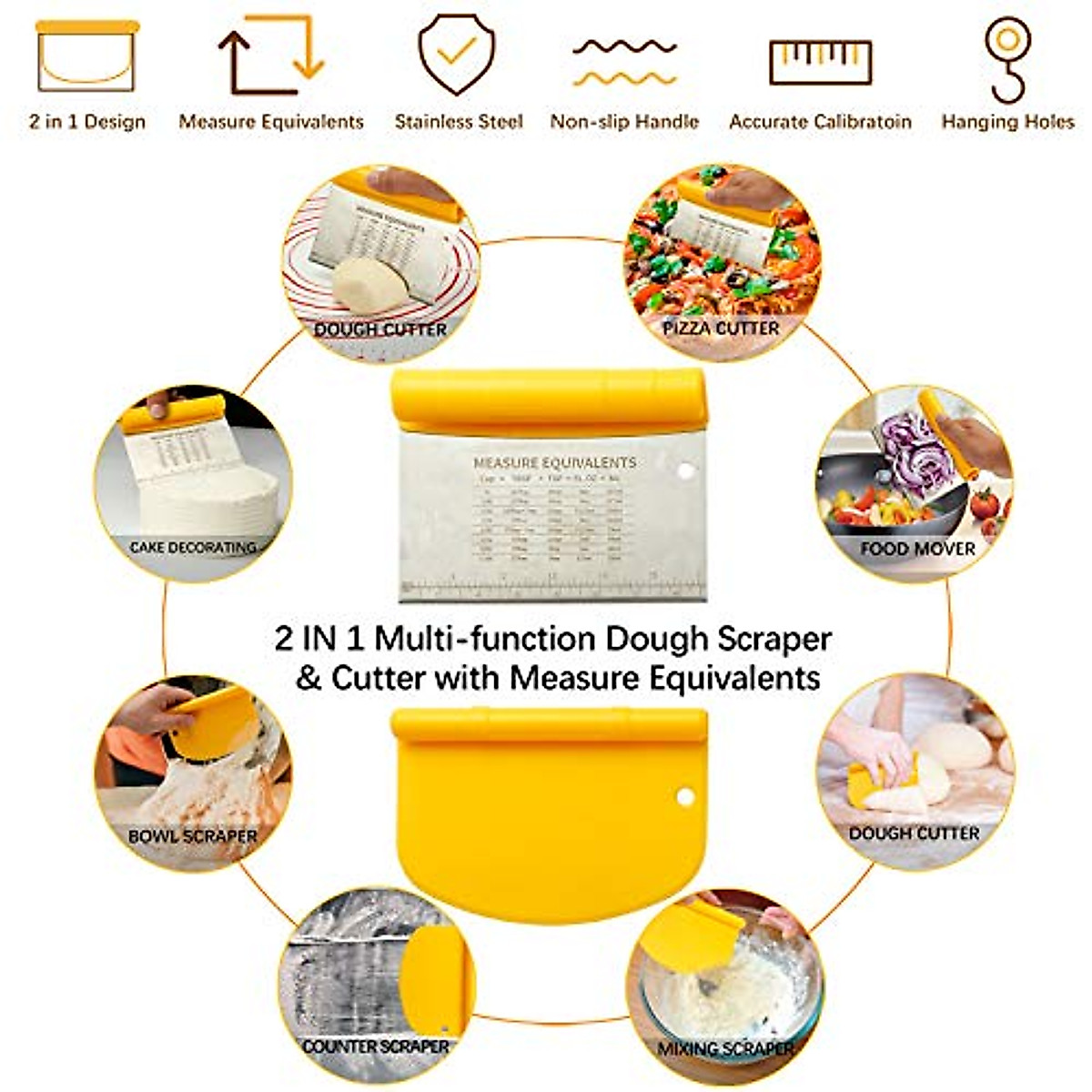 Rolling Pin with Adjustable Thickness Rings Stainless Steel 17.5" Dough Roller, 24"x16" Nonstick Silicone Pastry Mat Bench Dough Scraper Pizza Cutter Cake Smoothers Set for Baking Cookie Fondant Pie