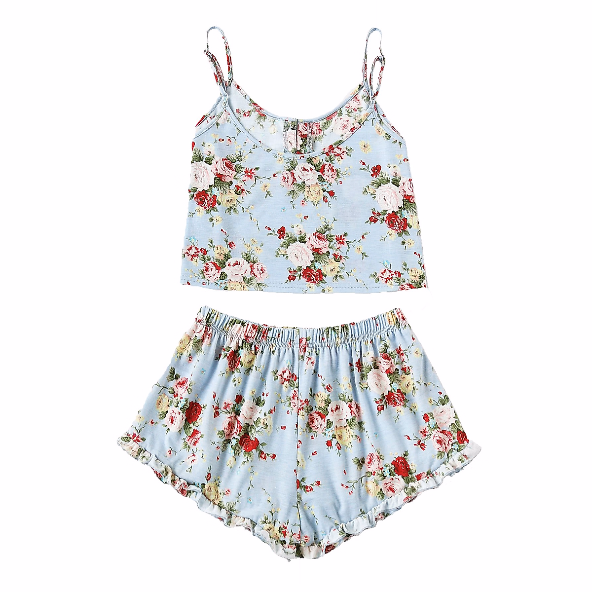 SheIn Women's Pajamas Sets Button Front Tank and Shorts Lounge Set Sleepwear Blue X-Large