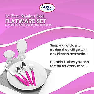 ALPINE CUISINE Flatware Set 16 Piece Service for 4, Stainless Steel Flatware Cutlery Set Includes Dinner Knives/Forks/Spoons - Great for Camping or College Dorms - Dishwasher Safe - Pink