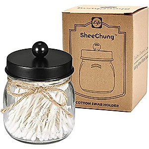 Mason Jar Bathroom Accessories Set, Glass Qtip Holder Dispenser for Cotton Swabs with Black Stainless Steel Lid, Rustic Mason Jar Cotton Ball/Swabs/Rounds Holder Farmhouse (Black, 2-Pack)