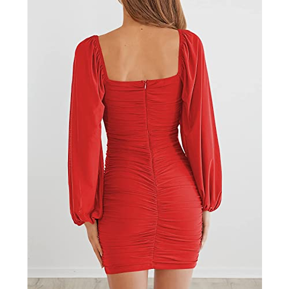 MEROKEETY Women Square Neck Long Sleeve Mesh Ruched Bodycon Cocktail Party Mini Dress Red Medium