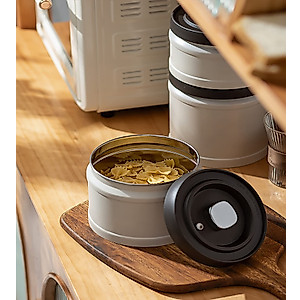 NETTIA Coffee canister 37OZ,Large Capacity Sealed Stainless Steel Food Container, Pressing to extract air type,Beige, 5.2" x 5.9"