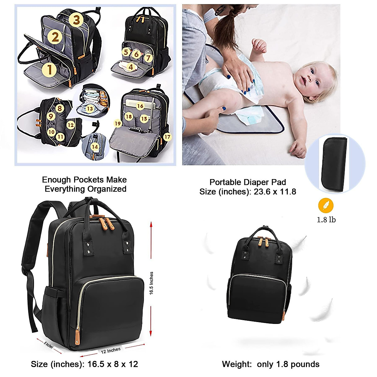 NUNET Diaper Bag Backpack Black W. Portable Changing Pad, Stroller Straps, Large Diaper Bag for 2 Kids (Girls/Boys), Multipurpose Lightweight Travel Back Pack for Moms Dads