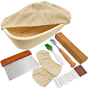 LITHOS Store 10 Inch Oval Natural Rattan Banneton Bread Proofing Basket Set with Bread Lame & Slashing Scraper - Natural Rattan Bread Proofing Basket, Ensures Crispy Crust & Fluffy Interior