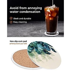 Set of 4 Coasters for Drinks Absorbing Round Ceramic Stone Coaster with Cork Base,Peacock Feather Teal Blue Turquoise Floral Green Leaf Coffee Table Coasters