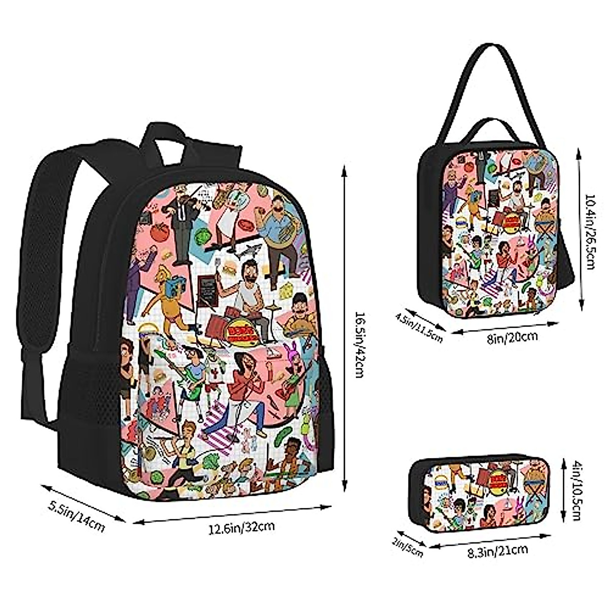 ORPJXIO Backpack 3 Piece Set Bob's Anime Burgers Laptop Backpack Pencil Case Lunch Bag Combination For Travel Work Camping