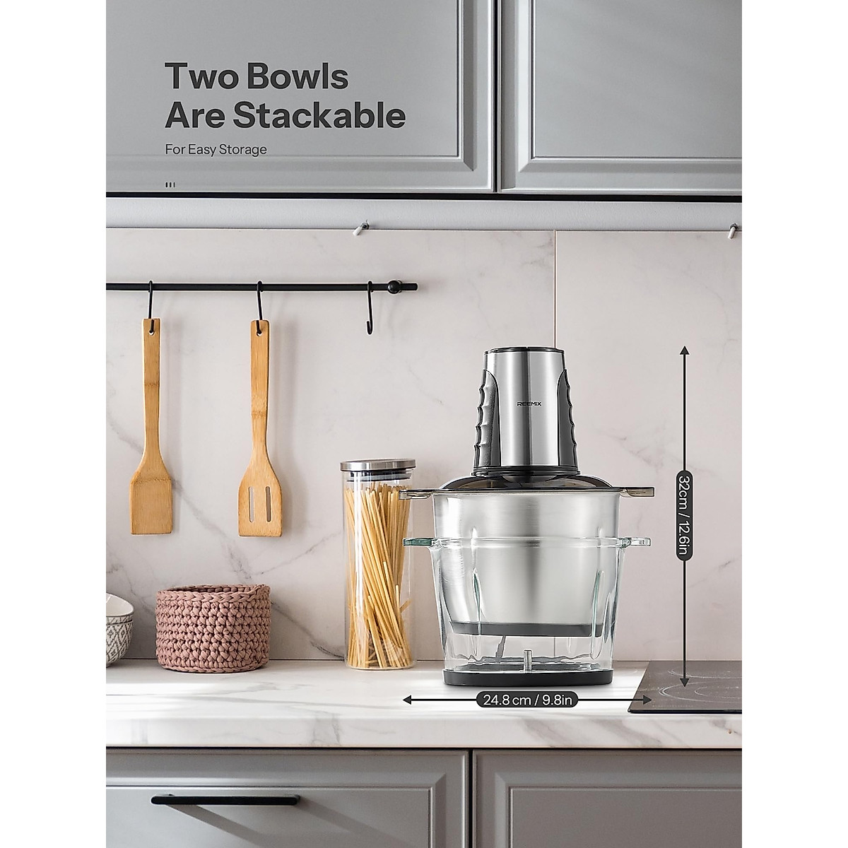 Food Processors with 2 Large Bowls(12 Cup+12 Cup), Reemix Electric Chopper with Powerful 500W Copper Motor, 4 Bi-Level Blades for Fruits, Meat, Vegetables, Baby Food, Nuts, 2 Speeds