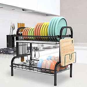 Shop Again 2 Tier Dish Rack Double Decker Dish Drying Rack with Drainboard Plates Rack for Kitchen Counter,Black