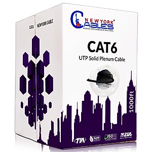 NewYork Cables | CAT6 Plenum Cable 1000ft (CMP) | UTP, 550MHz, 23AWG, 4Pair UTP 10GB Internet Cable | Quality Tested Bulk Ethernet Cable for Networking & Gaming (Black)