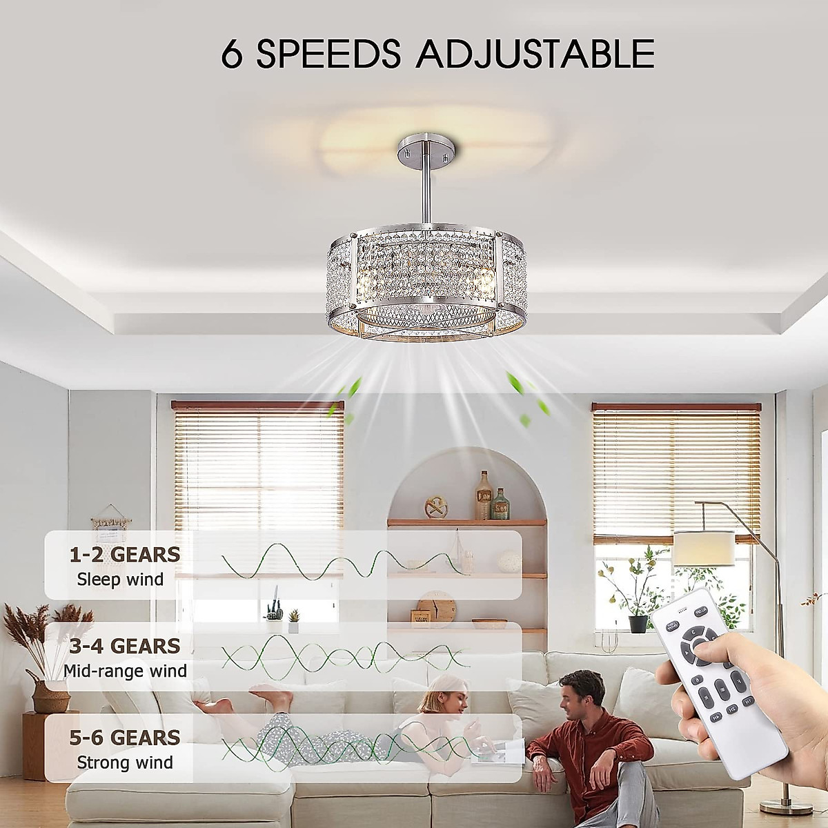 Zhizenl Caged Ceiling Fan with Lights, Indoor Enclosed 6 Speeds Reversible Ceiling Fans with Remote Control, Crystal Modern Industrial Ceiling Fan Lights for Living Room Bedroom Kitchen