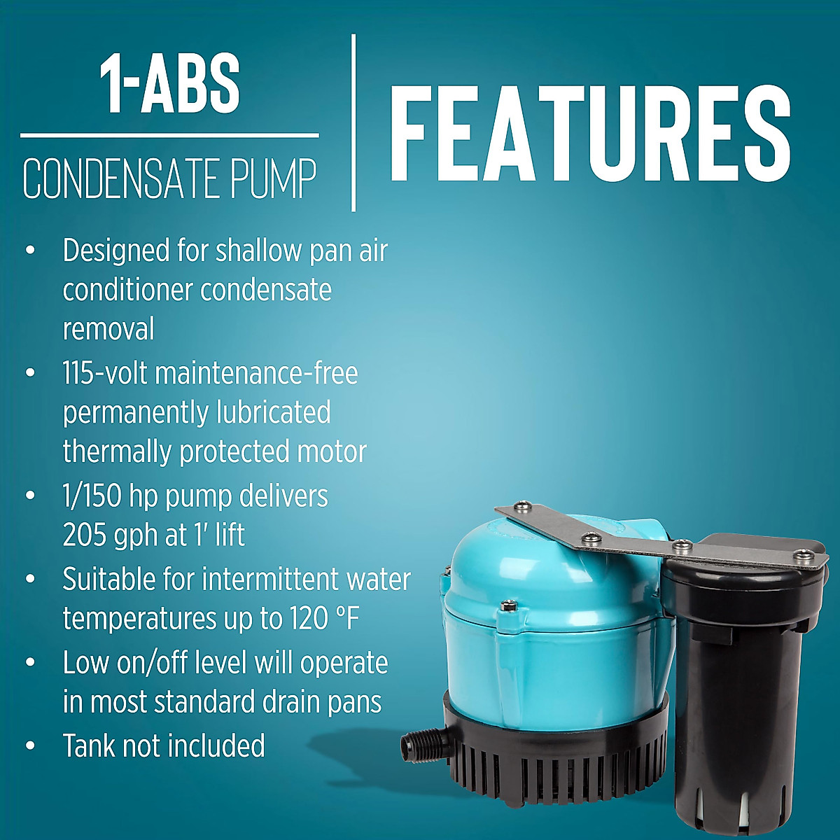 Little Giant 1-ABS 115-volt, 1/150 HP, 205 GPH Automatic Shallow Pan Condensate Removal Pump for Ceiling Mounted Air Conditioners or Dehumidifiers, Black/Blue, 550521