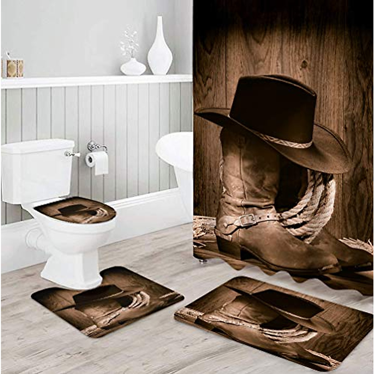Bathroom Accessory Sets Toilet Lid Cover Sets with Non-Slip Bath Mat Cowboy Hat and Old Ranching Rope On Wooden Display Rodeo Cowboy Style 4pcs Waterproof Shower Curtain 66x72in for Bathroom Toilet