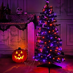 TURNMEON 4 Ft 80 LED Orange Purple Lighted Halloween Tree Decor with Timer DIY 25 Bats Ornament Battery Powered Full Artificial Black Xmas Christmas Tree Halloween Decorations Home Indoor Outdoor