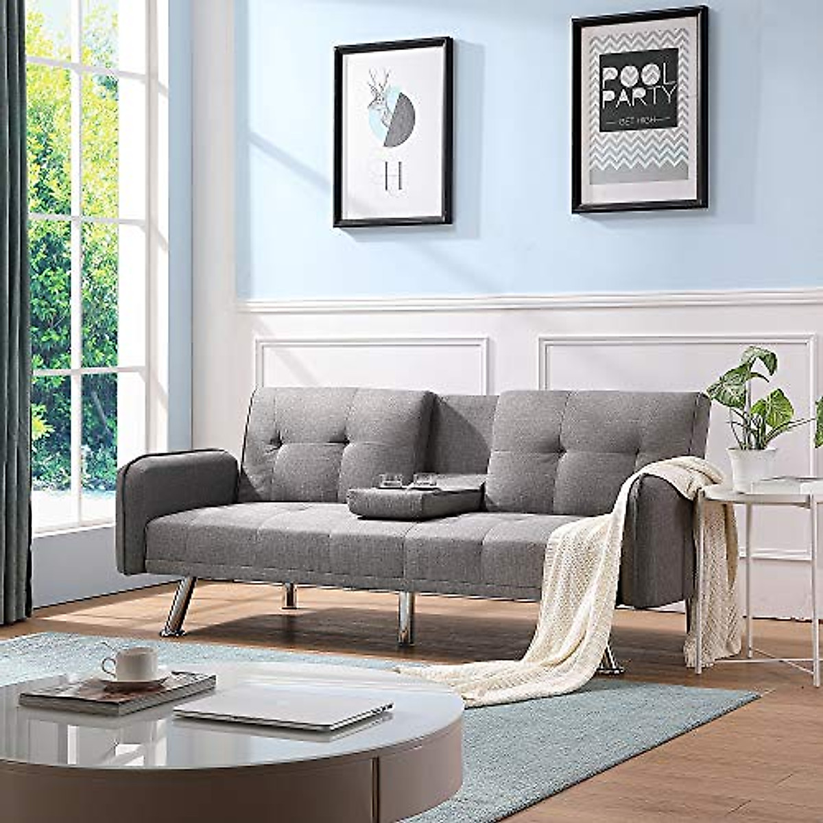 JULYFOX 75 inch Wider Futon Sofa Bed, Fabric Sofa Sleeper Bed with Holder Armrest 600lb Heavy Duty for Small Spaces(Light Gray)