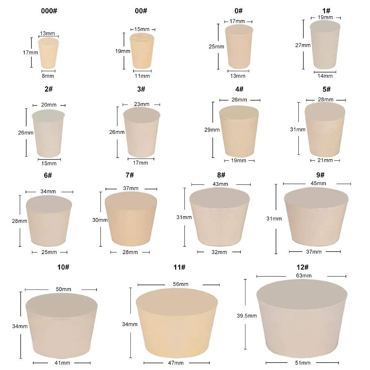 StonyLab Solid Rubber Stoppers, 10-Pack 7# White Tapered Lab Seal Rubber Stoppers, Fits StonyLab 250ml Erlenmeyer Flask