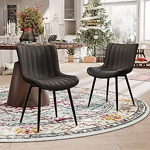 YOUNUOKE Black Dining Chairs Set of 2, Faux Leather Upholstered Kitchen & Dining Room Chairs with Back, Mid Century Modern Minimalist Accent Chair Armless for Guest Reception Waiting Living Room