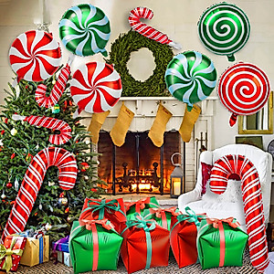 30Pcs Christmas Foil Balloons, Large Candy Cane Swirl Mylar Balloons with Ribbons, Red Green Balloons for Birthday and Candies Theme Party Decorations