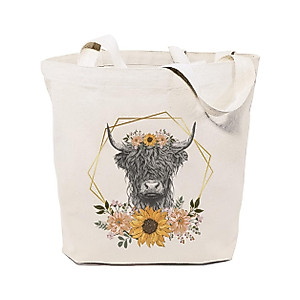 GXVUIS Highland Cow Canvas Tote Bag for Women Aesthetic Floral Reusable Grocery Shoulder Shopping Bags Gifts for Girls White