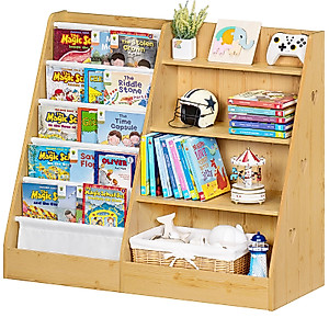 Lerliuo 4 Tier Kids Bookshelf and Storage Organizer, Five Layer Sling Children Bookcase, Baby Toddler Wooden Book Shelf, Display Cabinet for Playroom, Bedroom, Classroom, Nursery, School (Natural)