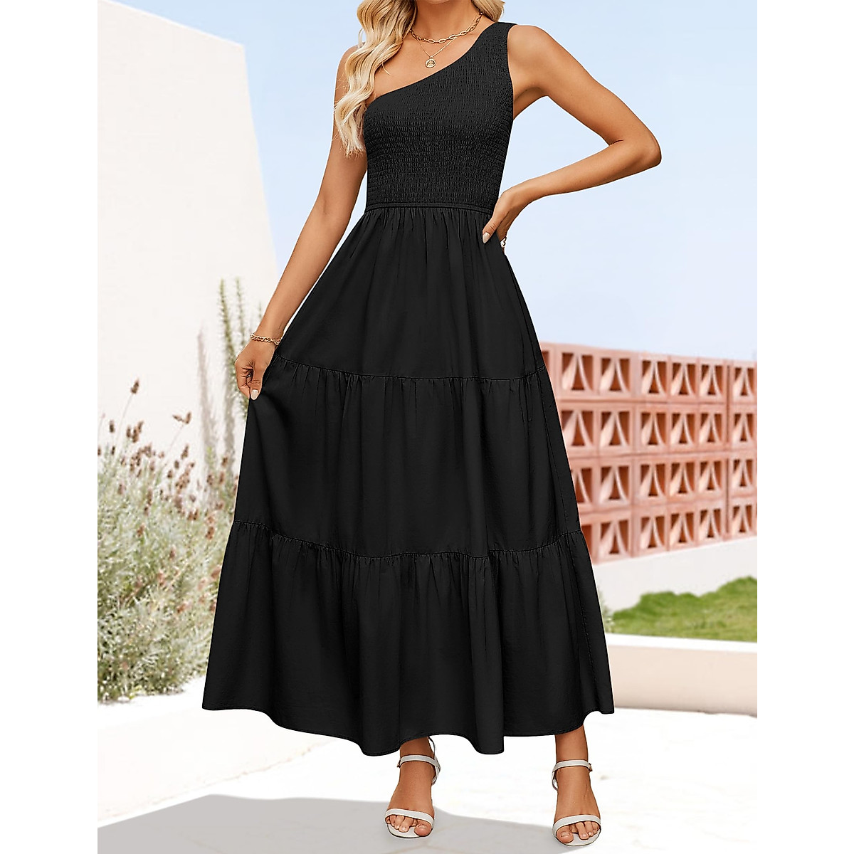 ZESICA Women's 2025 Bohemian Summer Floral Print One Shoulder Sleeveless Smocked Ruffle Tiered Beach Long Midi Dress,Black,Medium