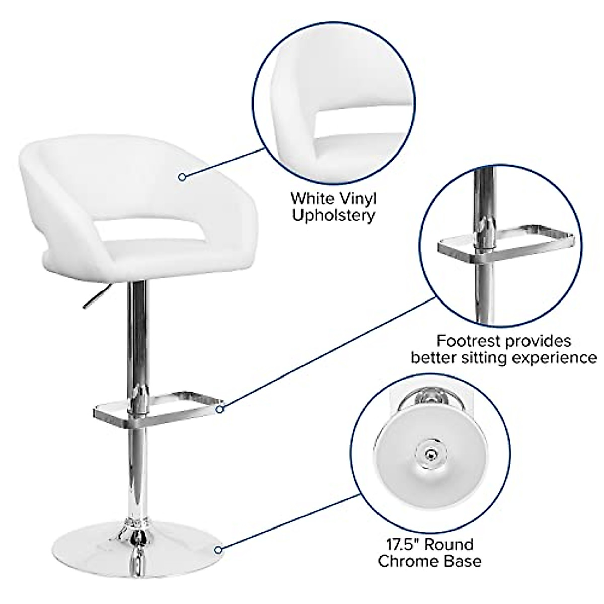 Flash Furniture Erik Comfortable & Stylish Contemporary Barstool with Rounded Mid-Back and Foot Rest, Adjustable Height - White Vinyl with Chrome Base