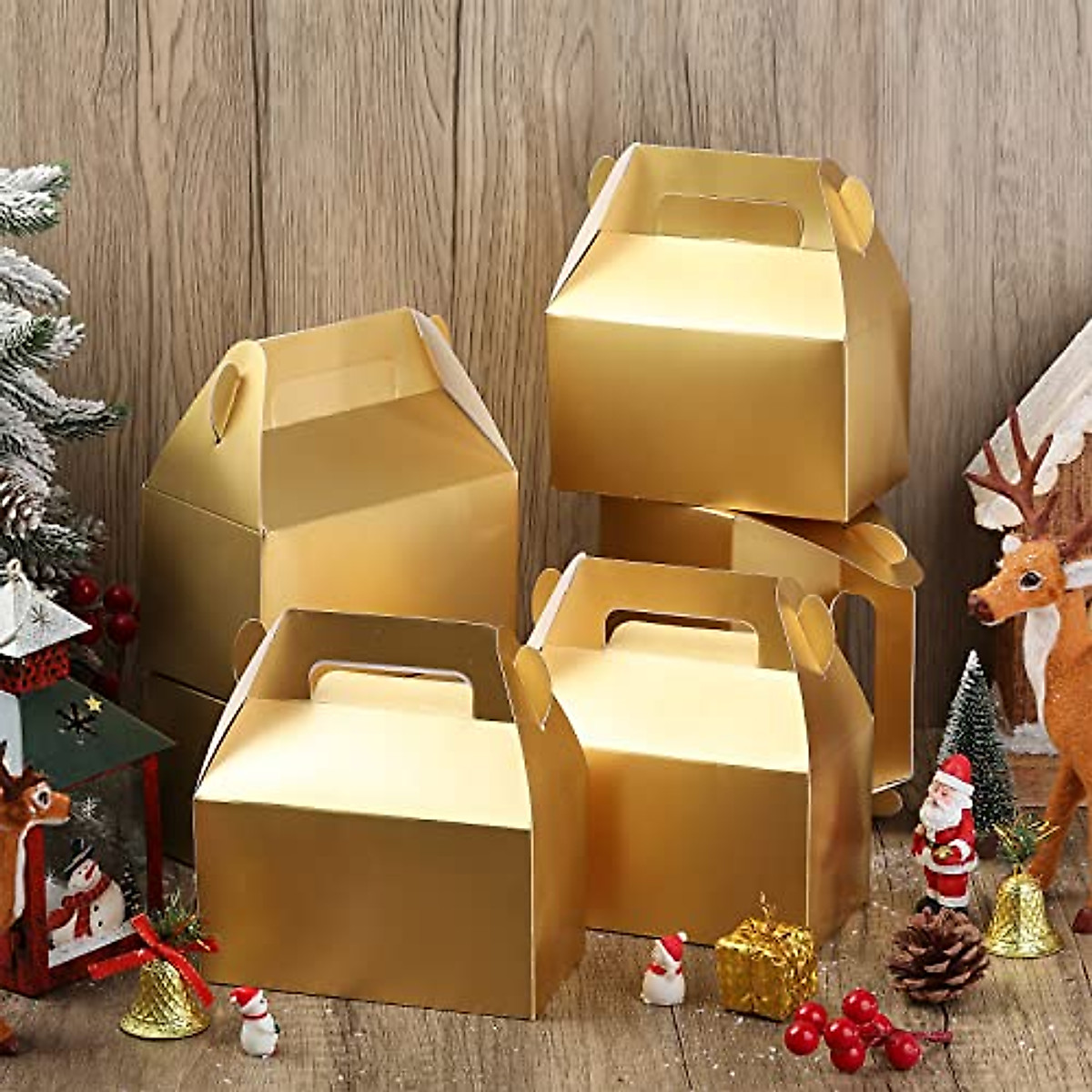 100 Pieces Gable Candy Treat Boxes, Small Goodies Gift Boxes with Handle, Dessert Boxes Favor for Wedding, Birthday Party, 6.2 x 3.5 x 3.5 Inch (Metallic Gold)