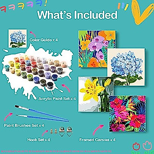 SupaDiya 4 Pack Flowers Framed Paint by Numbers for Adults Beginners, DIY Easy Acrylic Watercolors Number Painting Art with Framed Canvas for Home Wall Decor (8x8 inches)