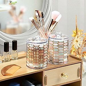 BOENLE 2 Pack Qtip Holder Dispenser Marble Rose Gold Pink Honeycomb Bathroom Storage Canister Lid Acrylic Plastic Apothecary Jar Set Vanity Makeup Organizer for Cotton Swab/Ball/Pad