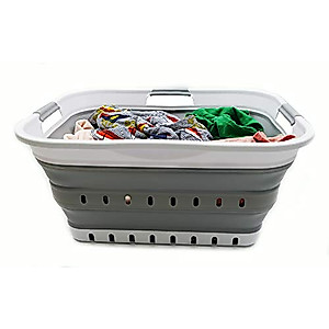 SAMMART 42L (11 Gallon) Collapsible Plastic Laundry Basket - Foldable Pop Up Storage Container/Organizer - Portable Basket - Space Saving Hamper/Basket (2, White/Grey)