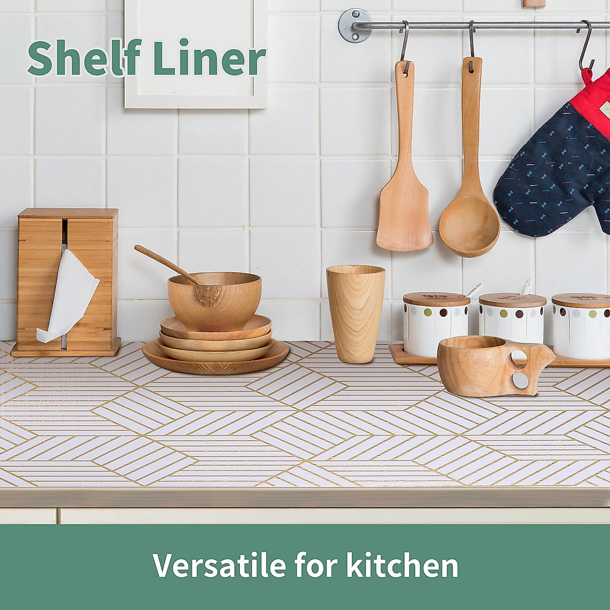 Shelf Liners for Kitchen Cabinets 12in x 20FT, Non Adhesive Cabinet Liner Strong Non-Slip Thickened Gold Geometric Drawer Liner, Easy to Clean for Shelf, Cabinet with Knife and Tape Measure