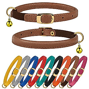 Murom Rolled Leather Cat Collar with Elastic Strap Safety Adjustable Pet Collars for Cats Kitten Yellow Red Pink Blue Orange Brown Gray (Brown)