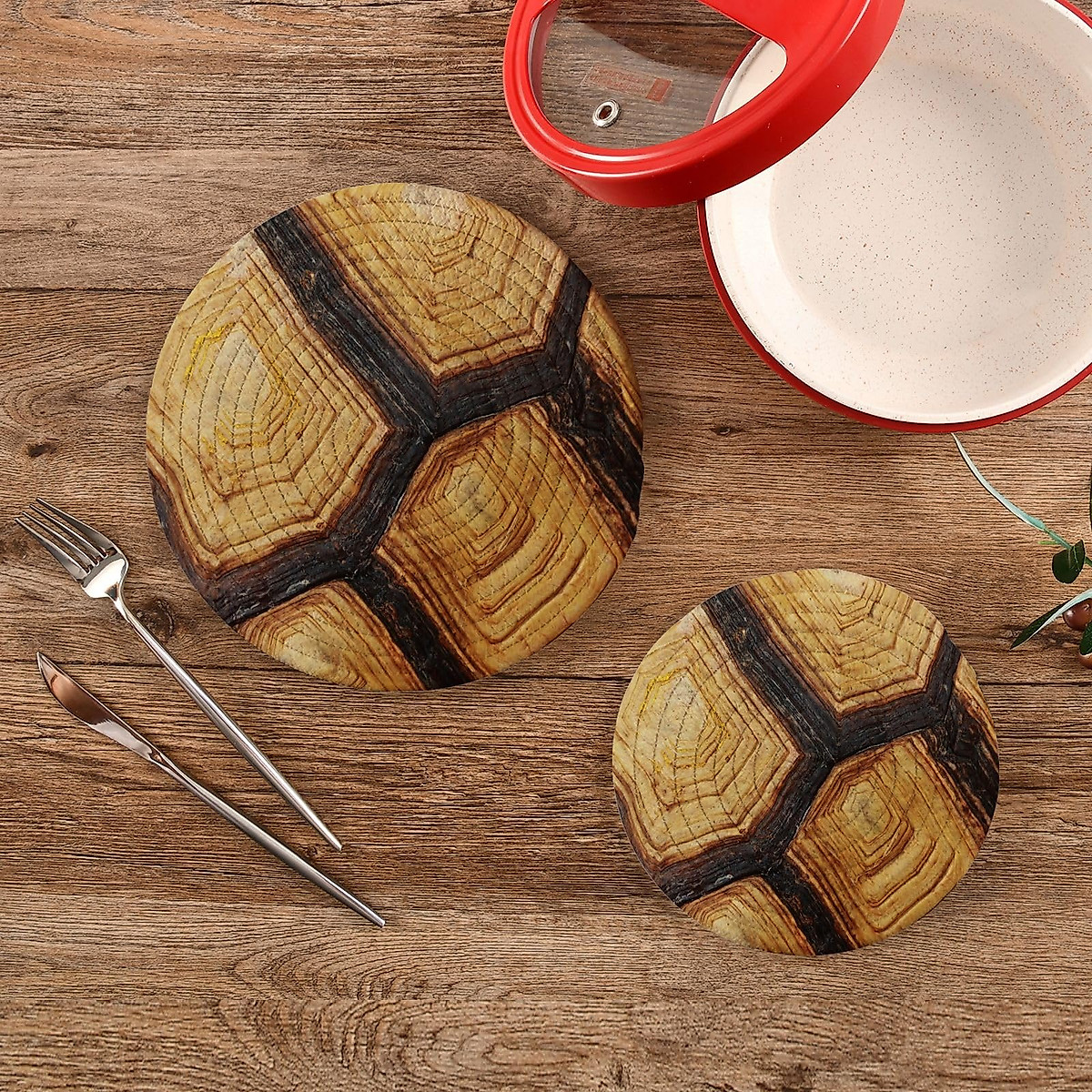 Turtle Shell Trivet Pot Holder Carapace Print Round Woven Potholders Set Kitchen Placemats 2PCS Cotton Rope Table Hot Pads Stylish Coasters Heat Resistant for Hot Dishes Baking Cooking Cups Dinning