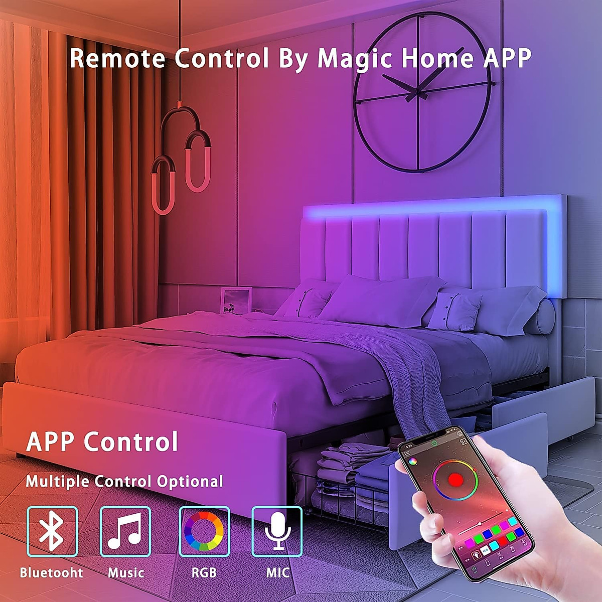 Catrimown Full Size Bed Frame with LED Lights and 4 Storage Drawers, Upholstered Platform Bed with Faux Leather Headboard, Strong Wooden Slats Support, No Box Spring Needed, Easy Assembly, White