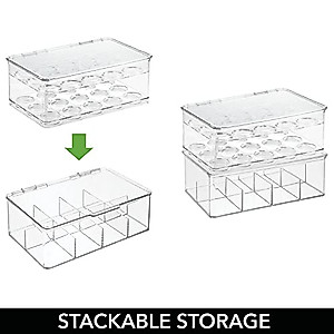 mDesign Plastic Stackable Divided Storage Organizer with Lid for Tea Bags and Coffee Pods in Kitchen Cabinet, Countertop, Ligne Collection, Includes 1 Tea Organizer and 1 Coffee Pod Organizer, Clear