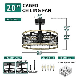 YITAHOME 20'' Modern Enclosed Ceiling Fan Indoor with Remote Control, Caged Industrial Ceiling Fan, Reversible Motor, 6 Speeds, Timer, for Living Room, Bedroom, Kitchen, Black & Oak