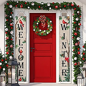Tiamon Welcome Winter Porch Banner Cardinal Outdoor Porch Signs Red Bird Front Door Banner for Winter Holiday Xmas Door Wall Farmhouse Home Decorations, 12 x 72 Inch
