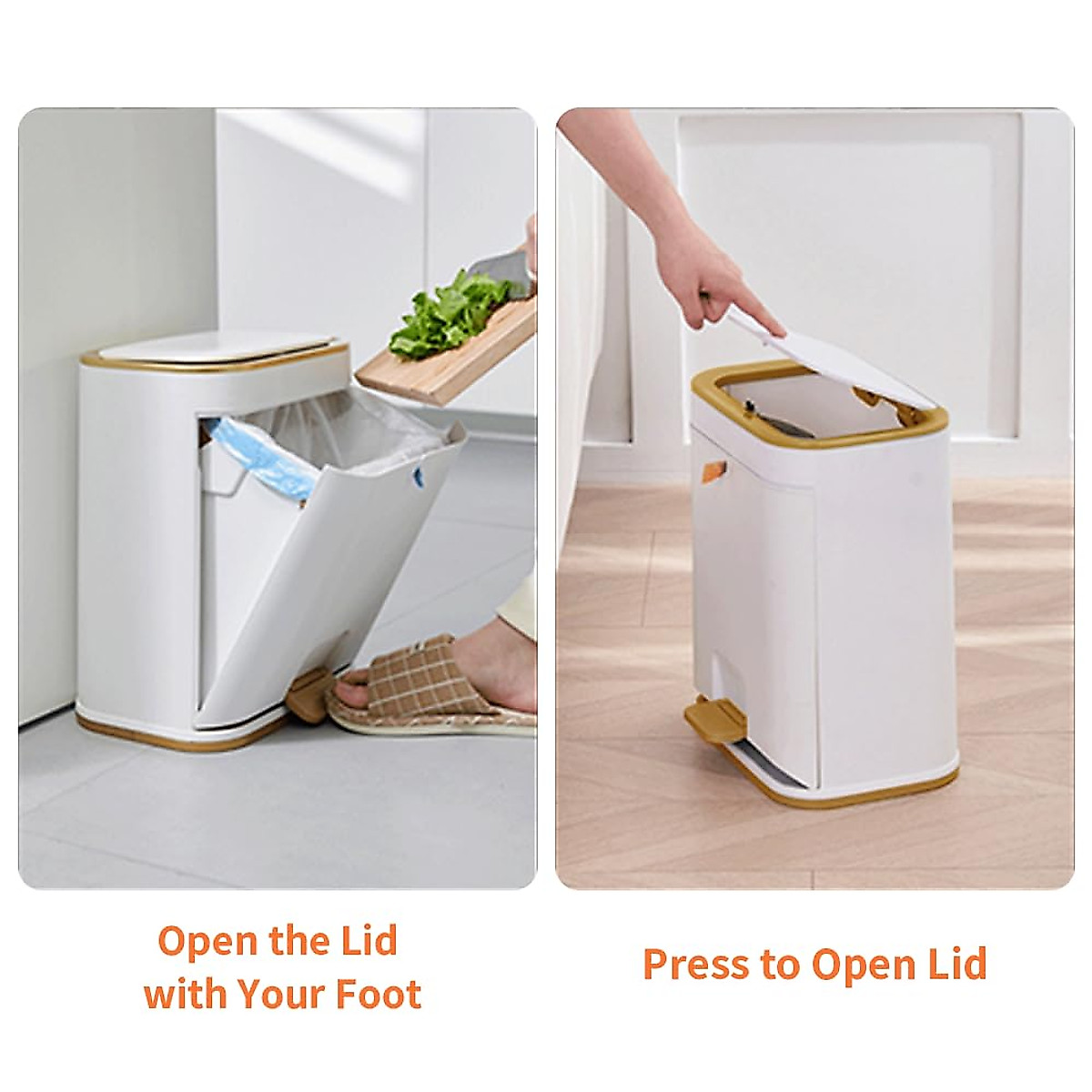 Bathroom Trash Can with Lid, Plastic 3 Gallon Garbage can with Press top Lid, Gold Step Pedal Trash can, Narrow White Trash bin for Kitchen, Bathroom, Bedroom, Living Room, Office, Dog Proof Trash Can