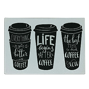 Lunarable Coffee Cutting Board, Life Begins After Coffee Everything Gets Better with Coffee Motivation Art, Decorative Tempered Glass Cutting and Serving Board, Small Size, Black and White