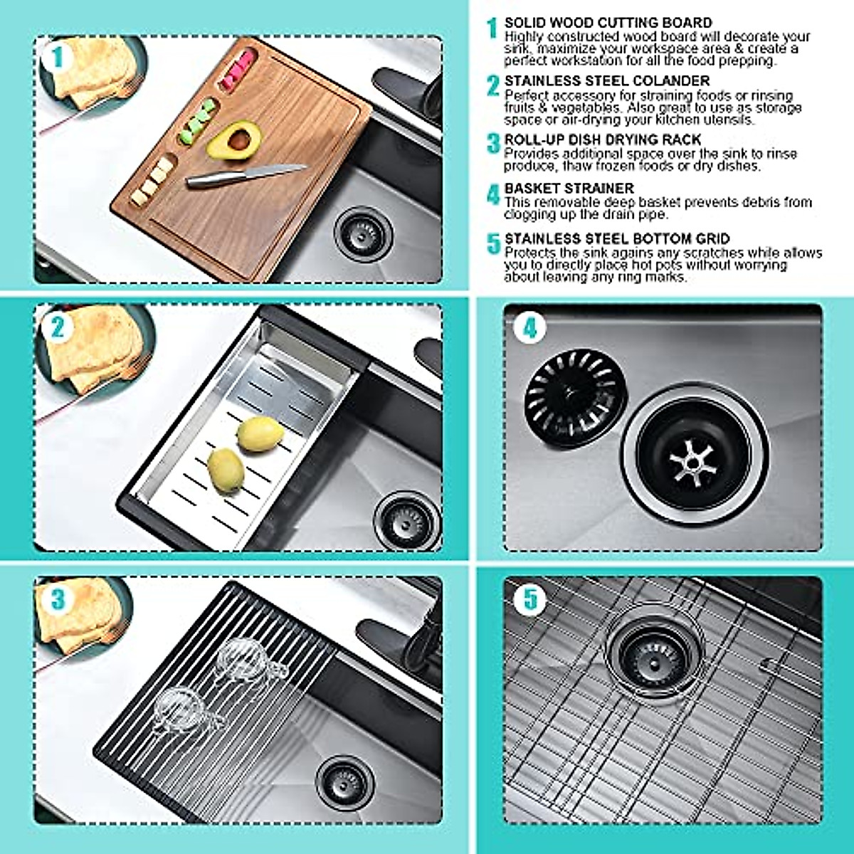 28 Black Undermount Kitchen Sink - iAnomla 28 Inch Black Stainless Steel Undermount Workstation Sink 16 Gauge Deep Single Bowl Matte Black Kitchen Sink with Cutting Board