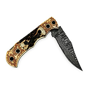 Back Lock Handmade Folding knife Pocket knife Damascus Steel Blade Back Lock Stag Horn Handle Leather Sheath BW-5160