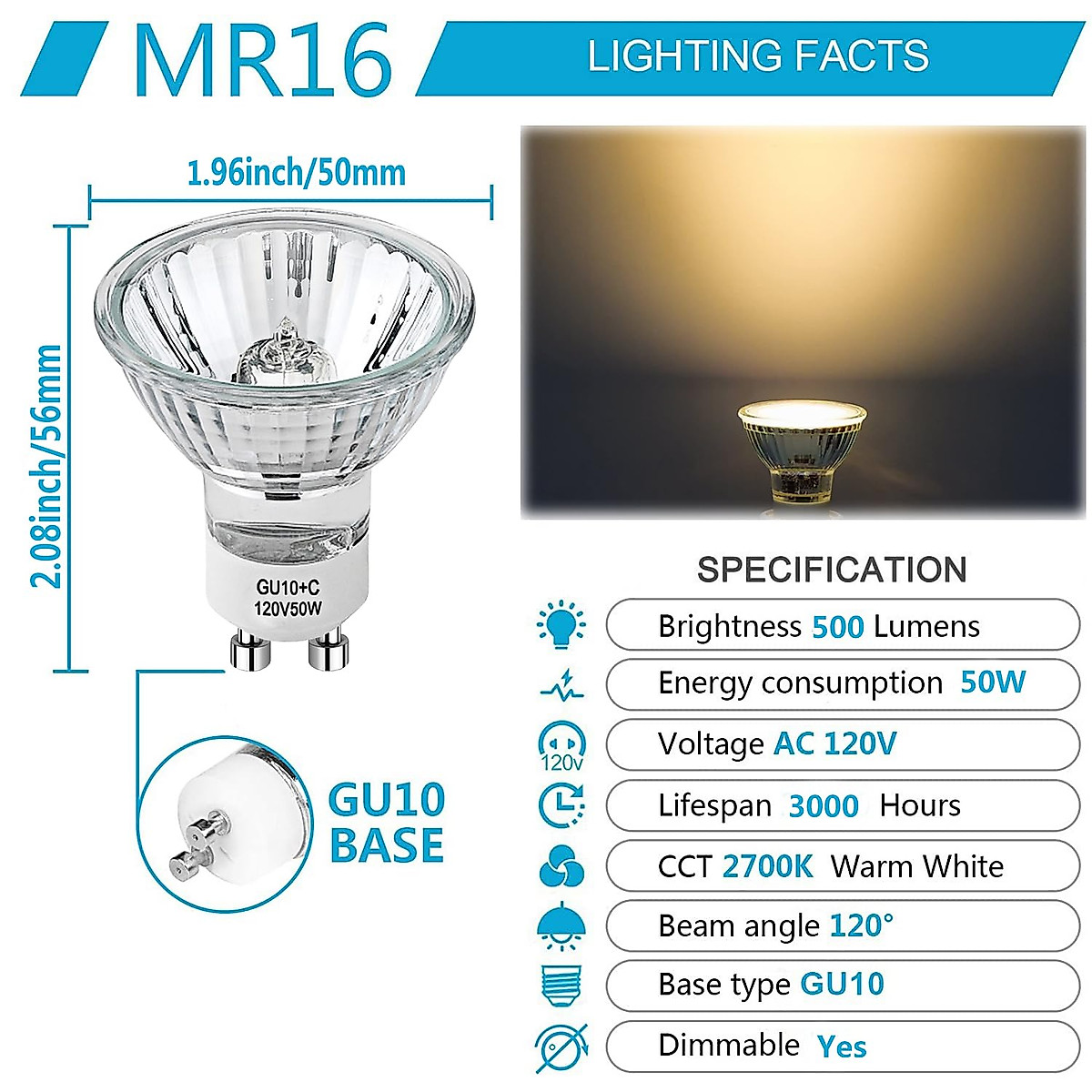 PaeorRorL GU10 Halogen Light Bulbs,6 Pack 120V 50W Dimmable MR16 GU10 Base Bulb with Glass Cover,GU10+C Halogen Light Bulbs for Track&Recessed Lighting,Long Lasting Lifespan,Warm White