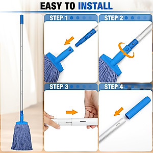 Heavy Duty Commercial Industrial Mop for Floor Cleaning,Beyoco String Wet Mop with Long Handle,Cotton Mop for Home,Garage,Office, Workshop Floor Cleaning- Blue