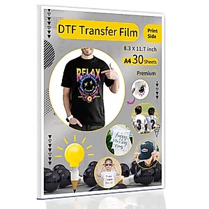 VELLDA DTF Transfer Film for Sublimation Dark Shirts - 30 Sheets of A4 DTF Transfer Paper for Dark Fabric - Printable Heat Transfer Paper for T Shirts - Iron on Transfer Paper for Inkjet Printers