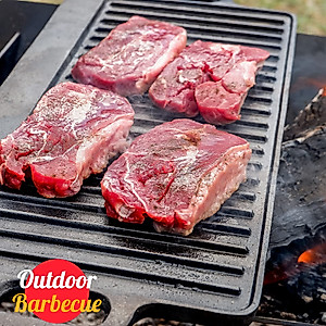 Overmont Pre-seasoned 17x9.8" Cast Iron Reversible Griddle Grill Pan with handles for Gas Stovetop Open Fire Oven, One tray, Scrapers Included