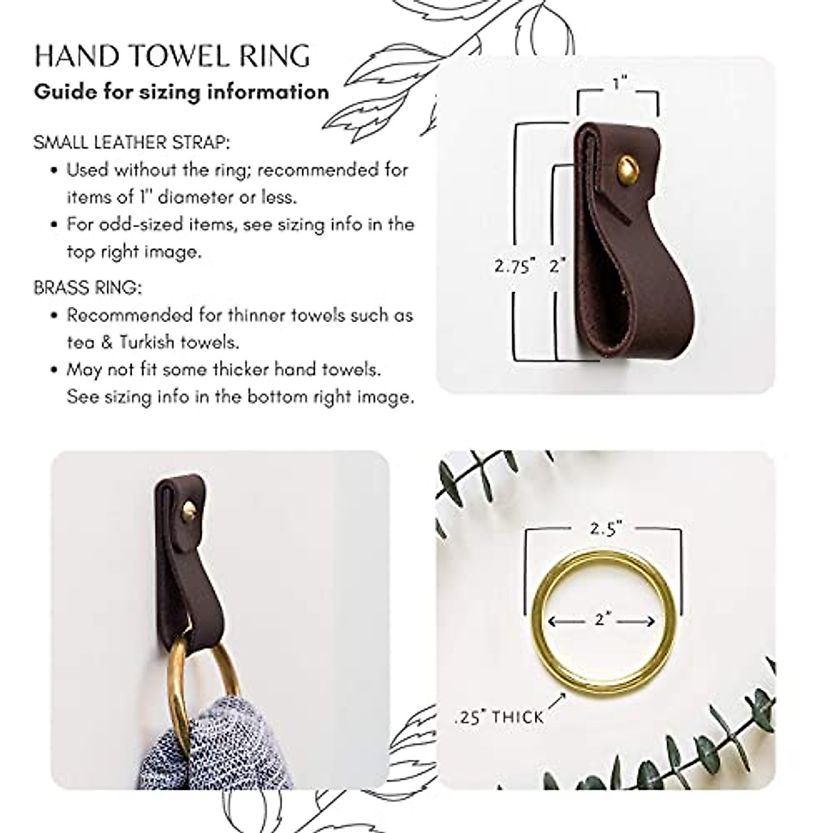 Bathroom Fixture Kit includes leather & wood Toilet Paper Roll Holder, Bath Towel Rail, leather & brass hanging Hand Towel Ring hook with gold hardware, straps are wall mounted, accessories rack